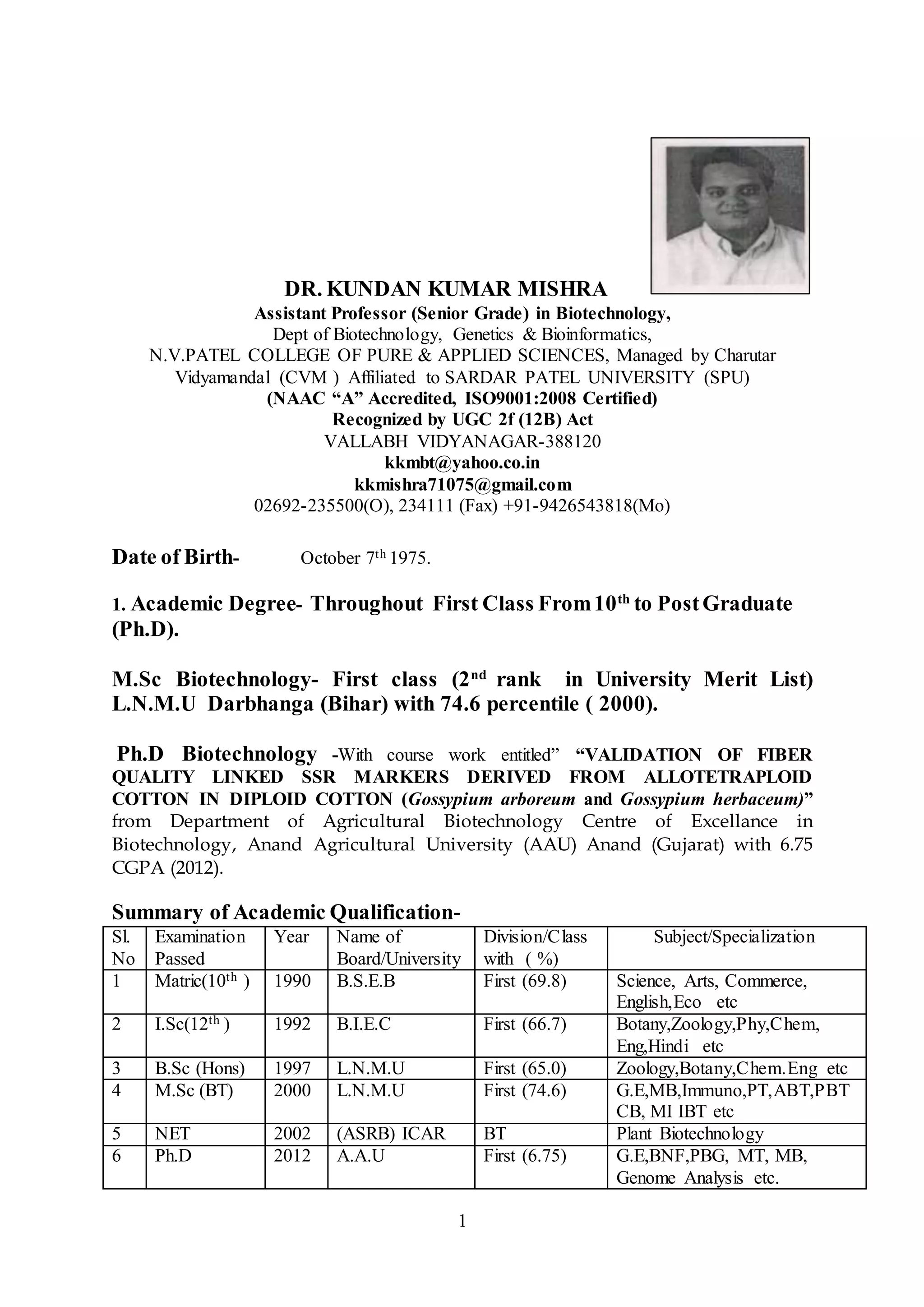 Dr.KUNDAN K MISHRA PROFILE | DOCX