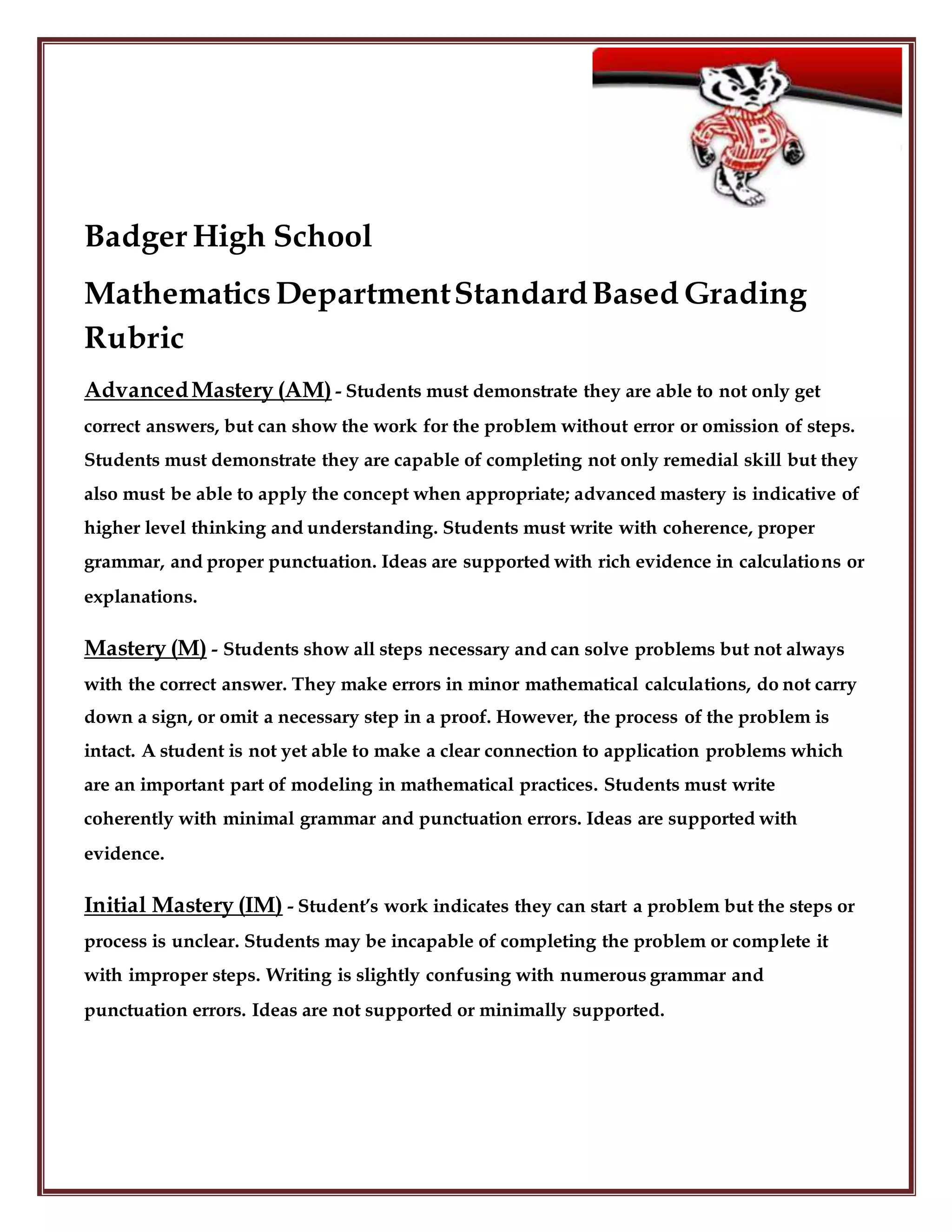 Badger High School Mathematics Rubric | DOCX