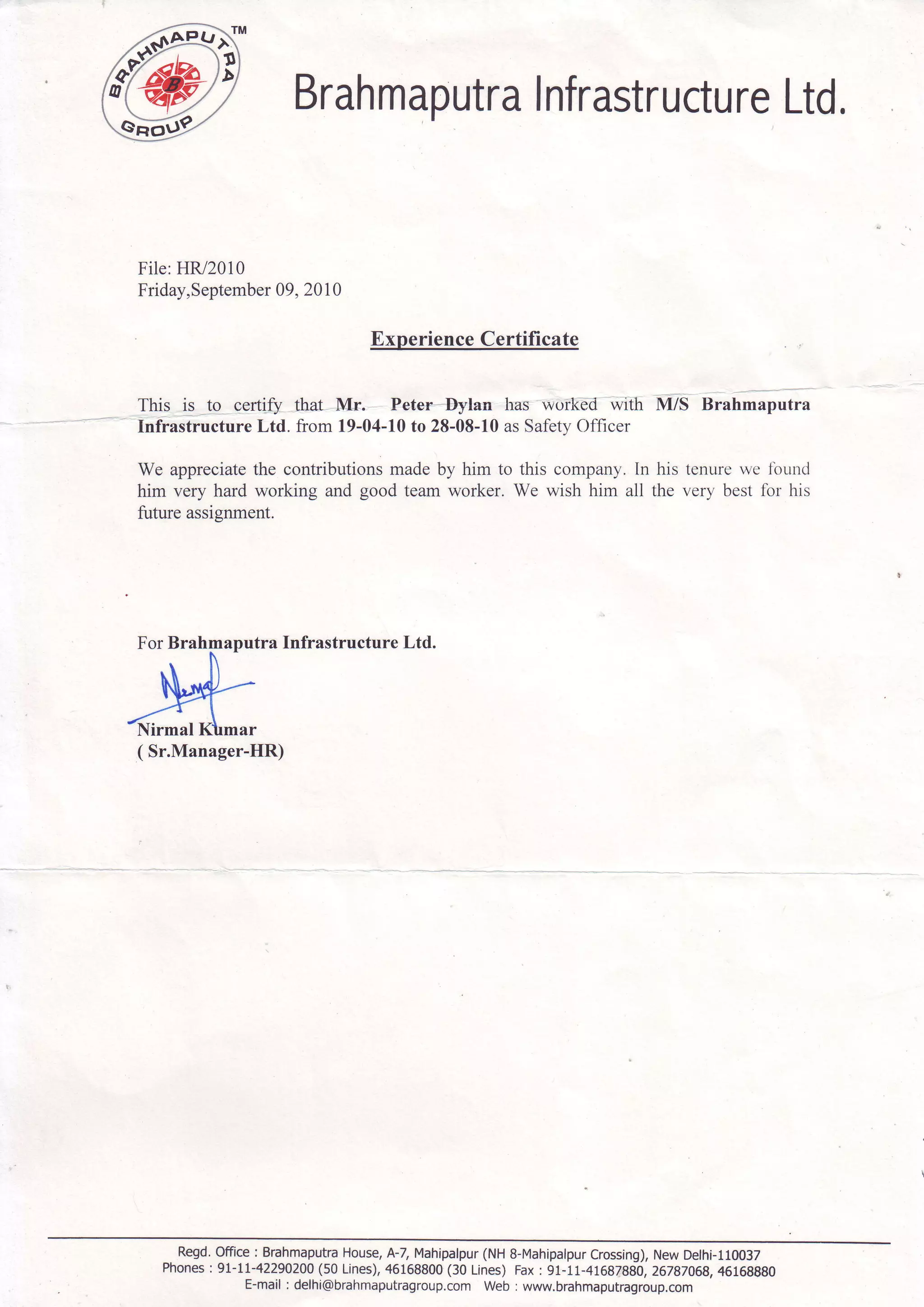 Brahmaputra Experiance Cert.PDF