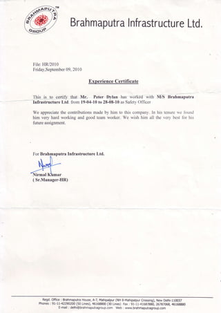 Safety Officer Experience Certificate