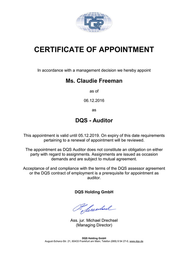 Certificate of Appointment Freeman