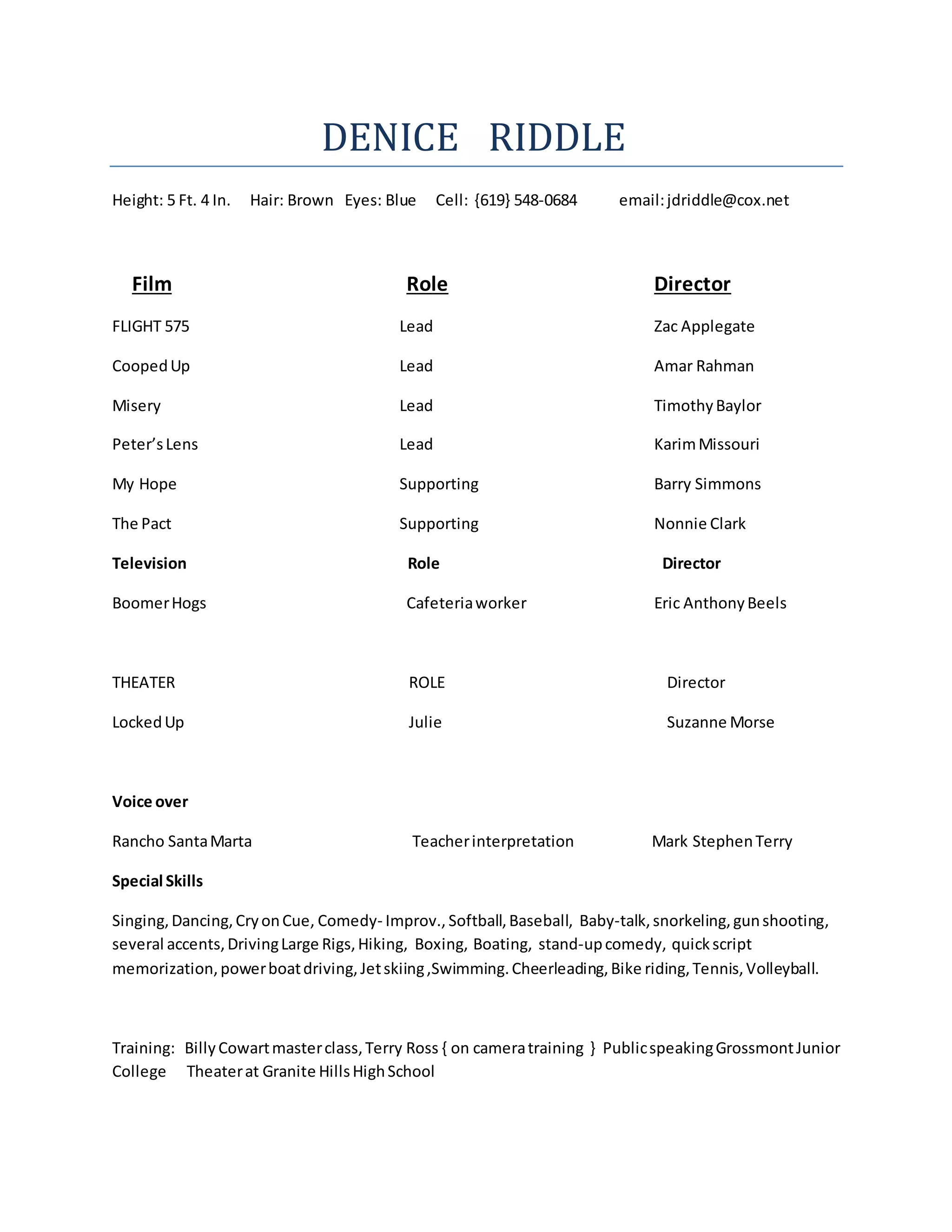 Denice Riddle acting resume current | DOCX