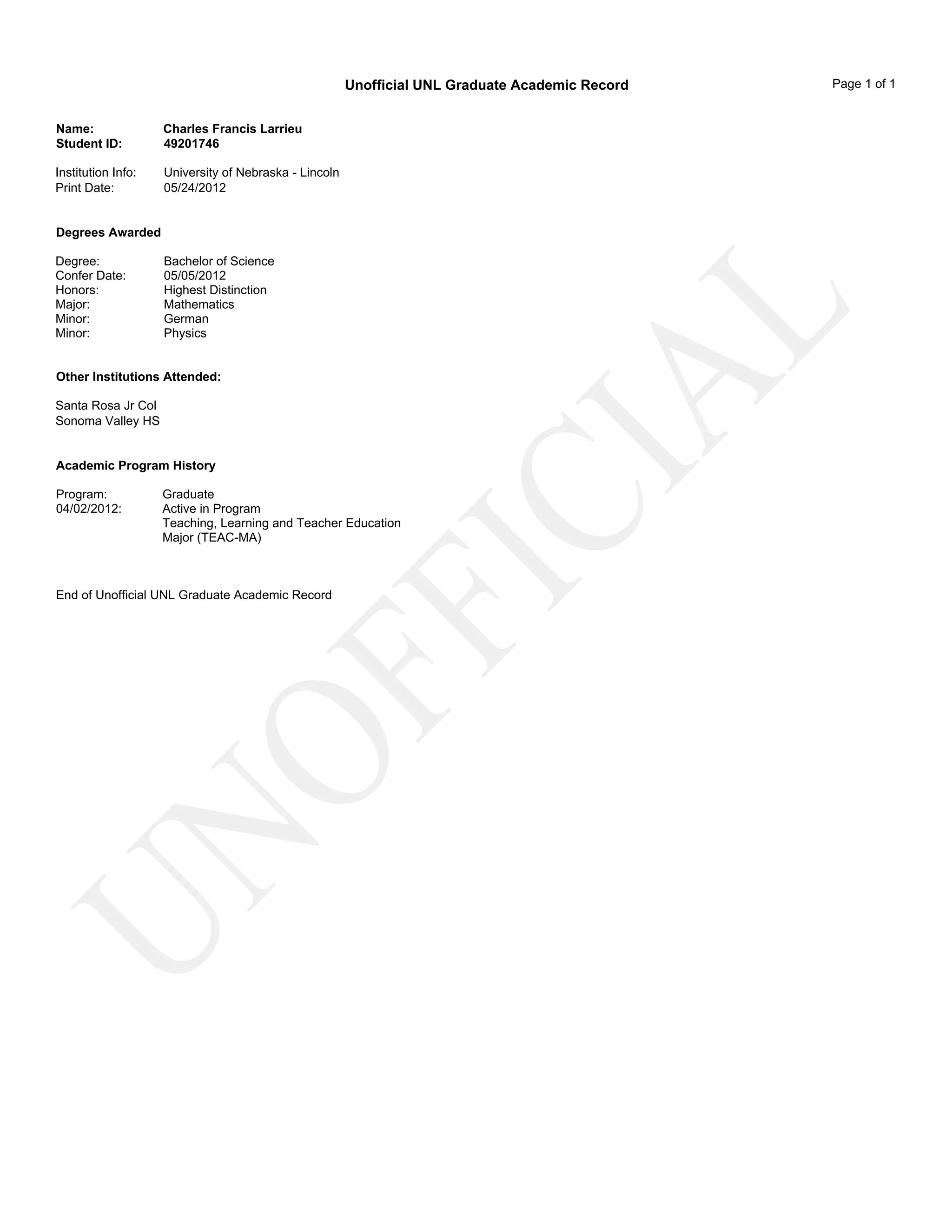 UnofficialTranscript | PDF