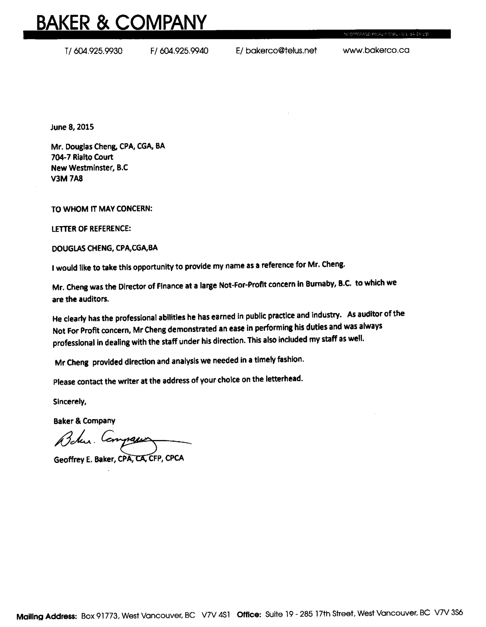 Geoffrey Baker & Co CA Firm Reference Letter (Principal) | PDF