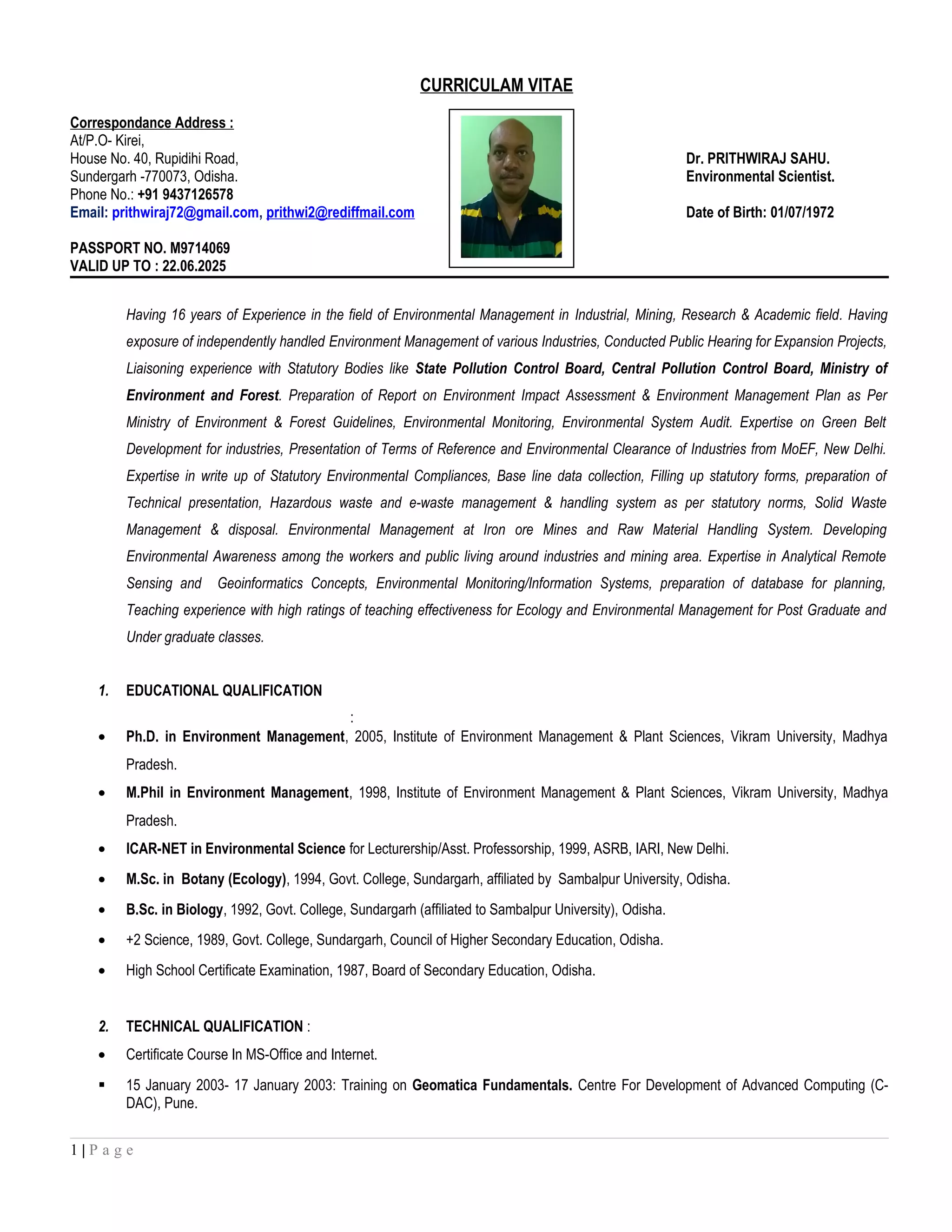 CV Dr. Prithwiraj Sahu Environment Specialist | DOC