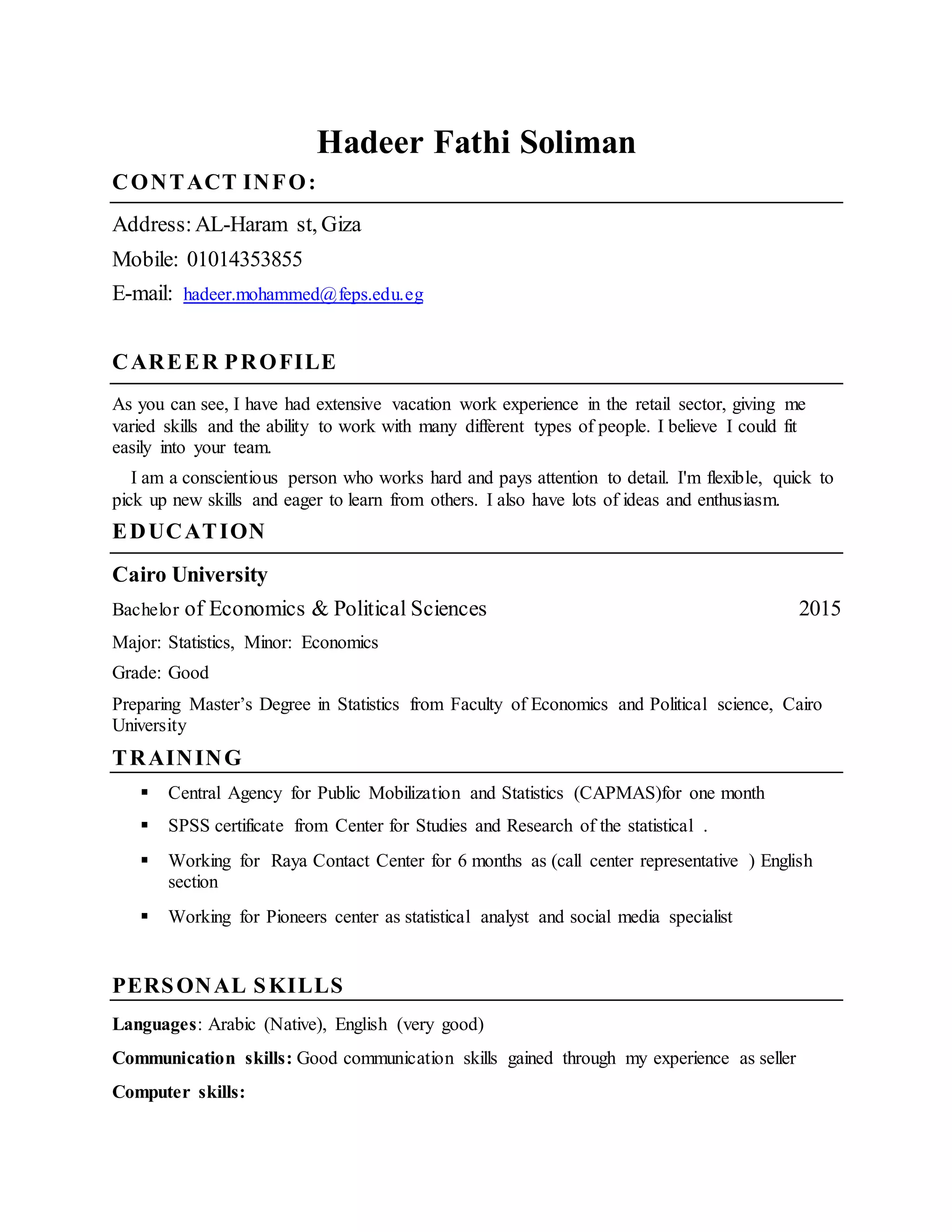 hadeer fathi cv. | DOCX | Business and Finance