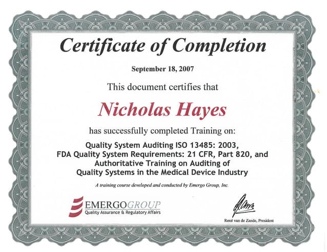 Emergo Quality System Auditing Certificate | PPT