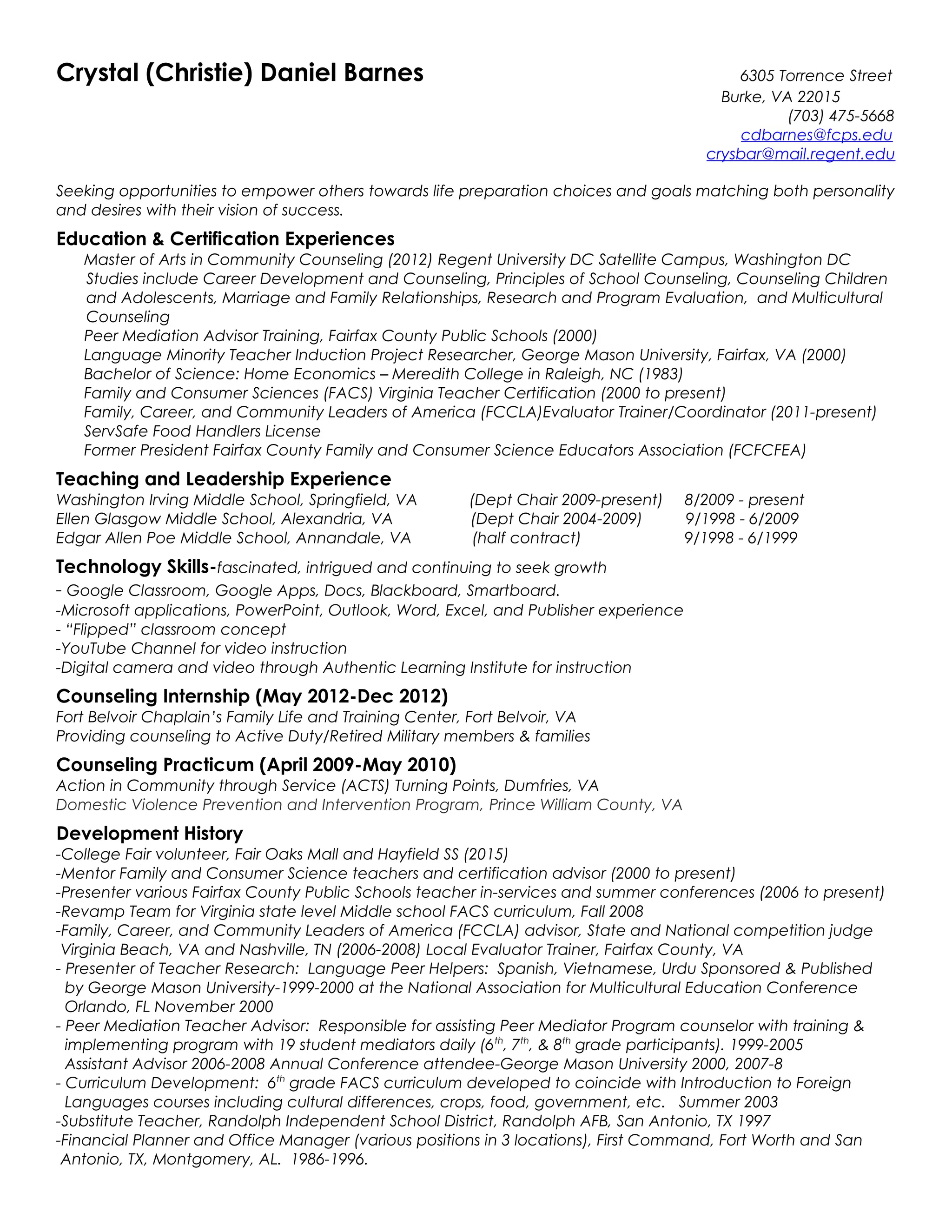 Barnes Career Counseling Resume | DOC