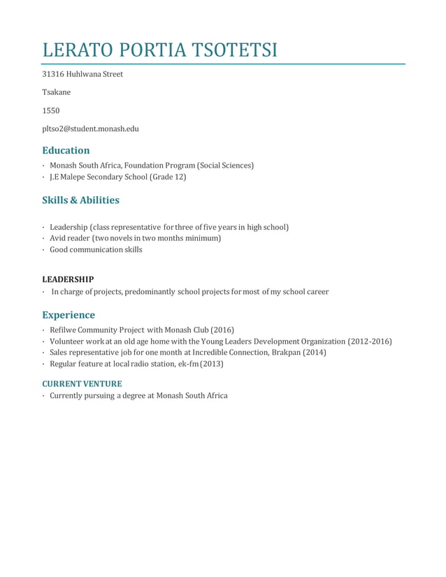 LERATO PORTIA TSOTETSI, resume | PDF