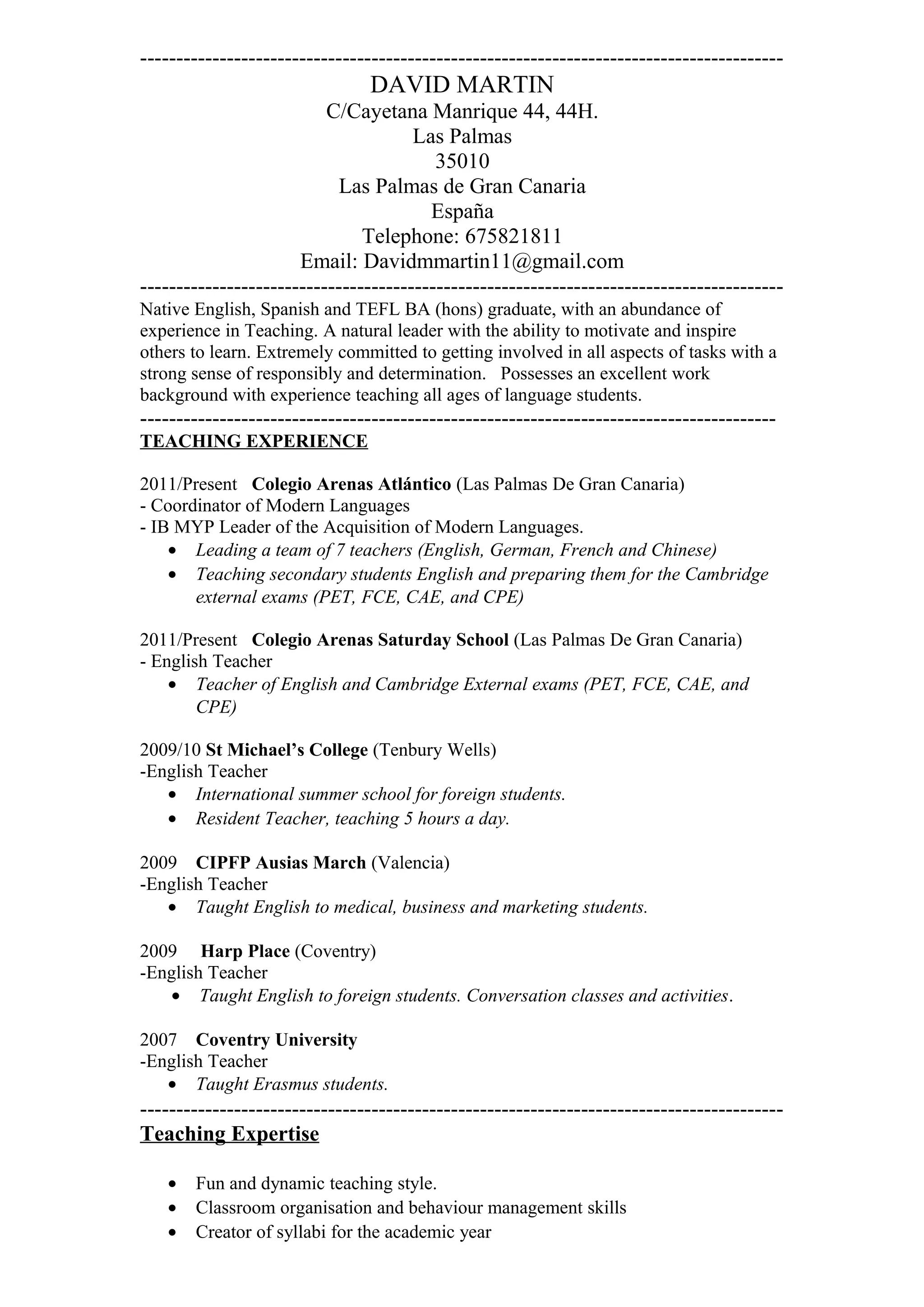 David Martin CV (1) | DOC | Professional School | Postgraduate Education