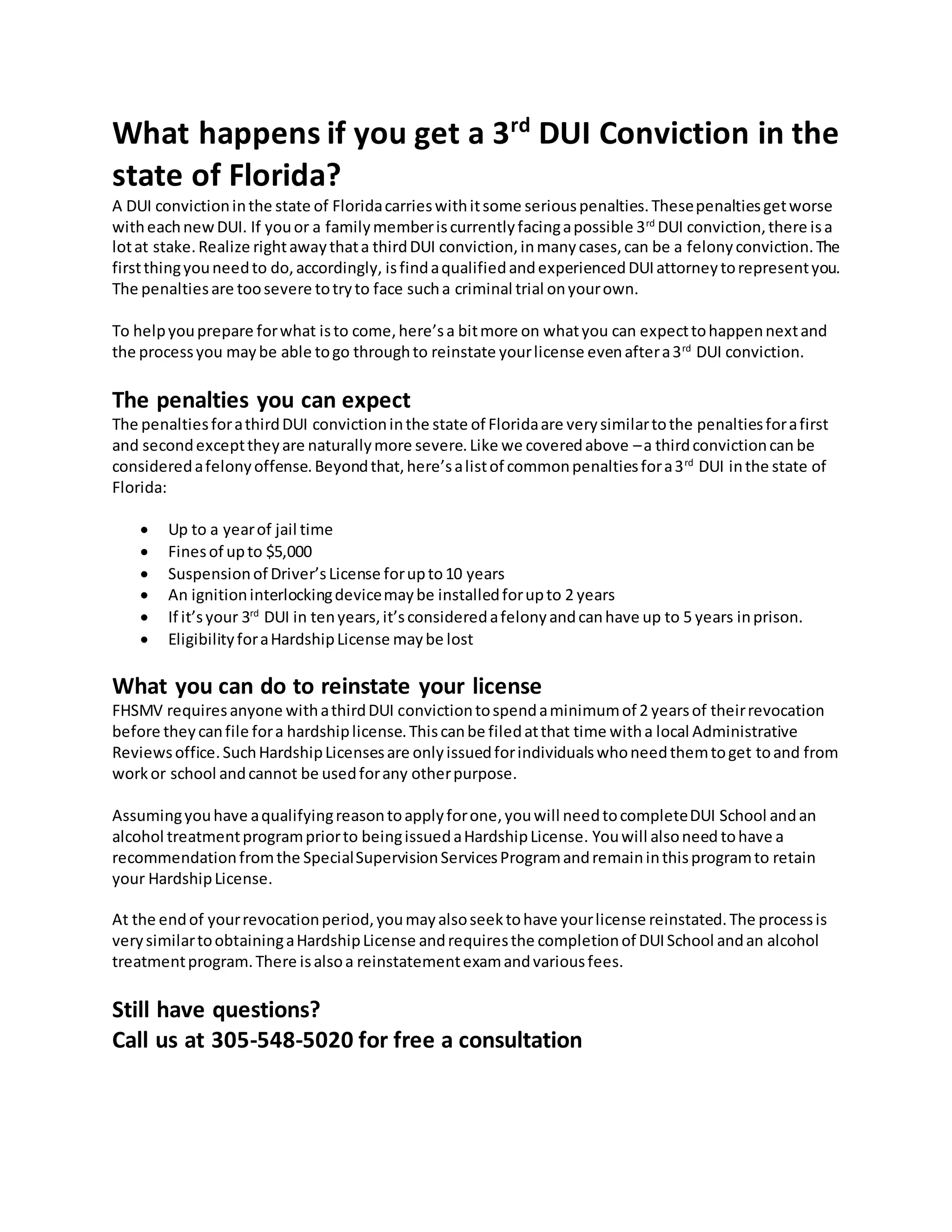 What happens if you get a 3rd DUI Conviction in the state of Florida | PDF