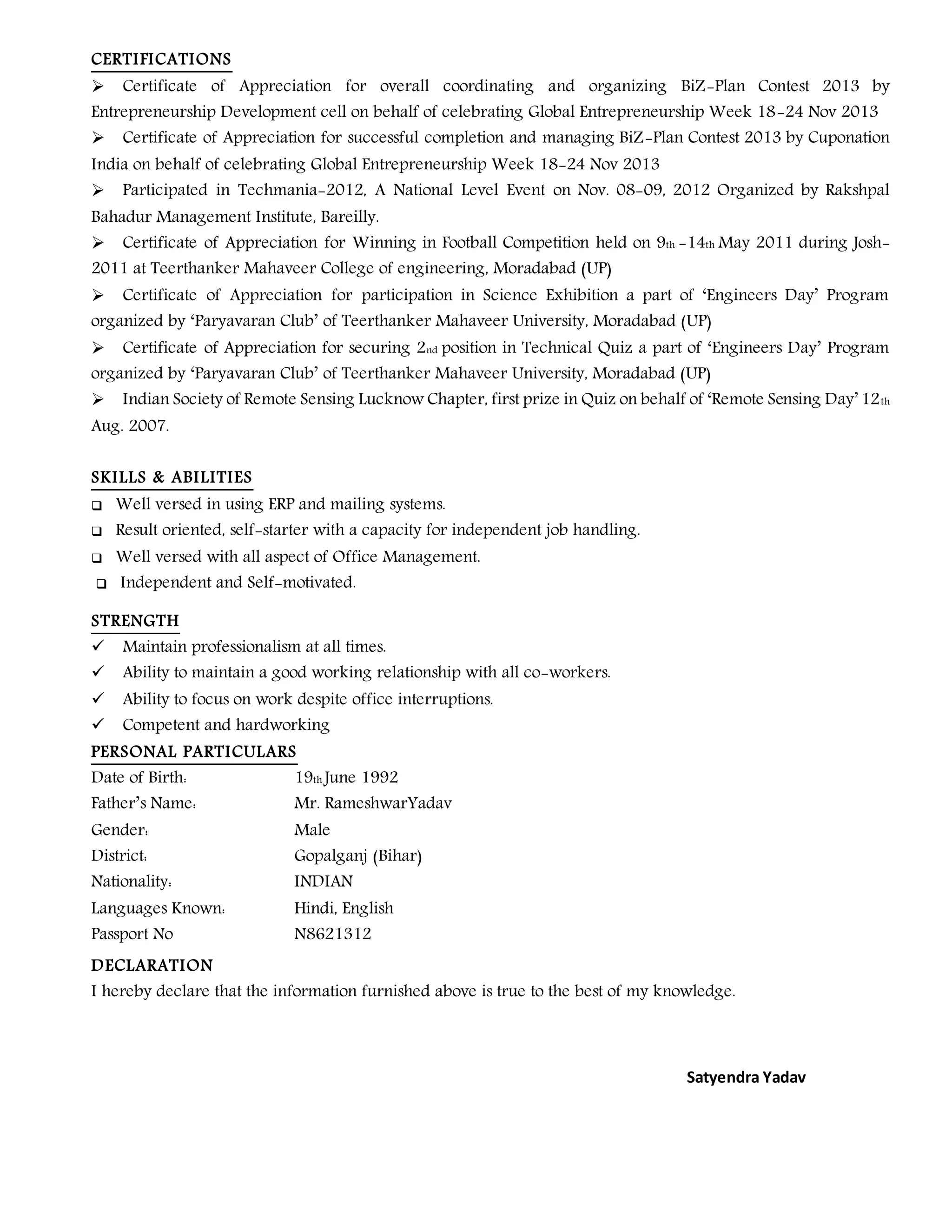 RESUME SATYENDRA YADAV01 | DOCX