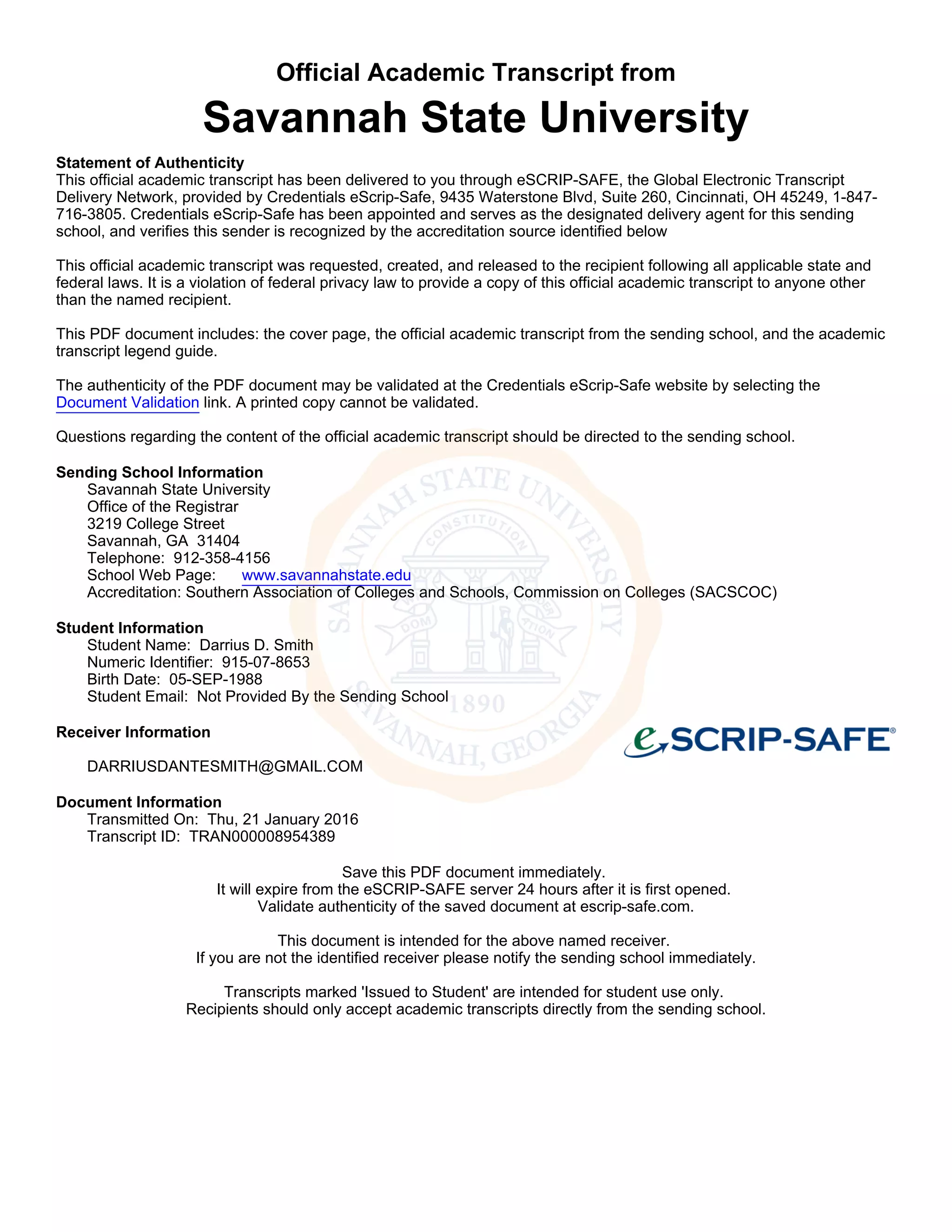 Savannah State University Transcript | PDF