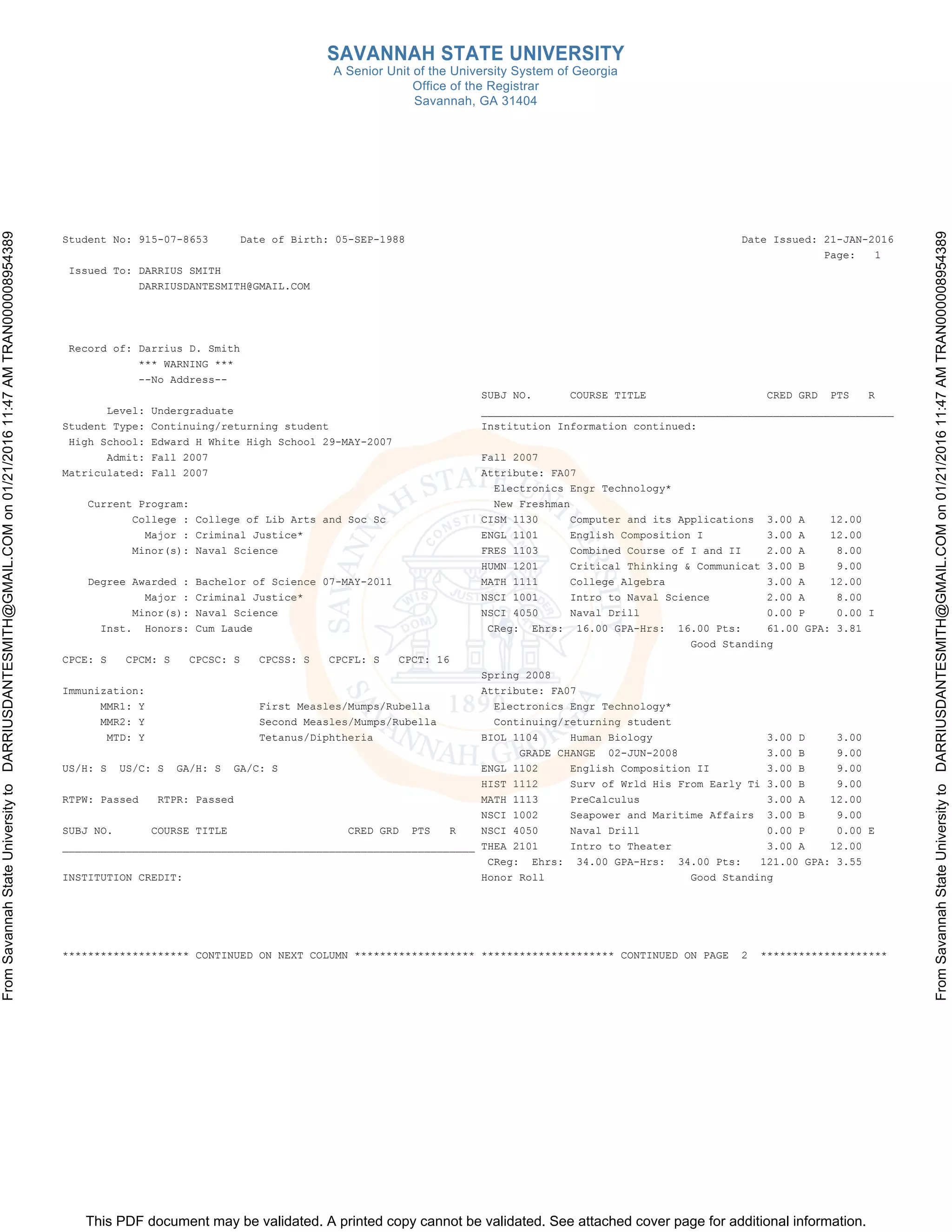 Savannah State University Transcript | PDF
