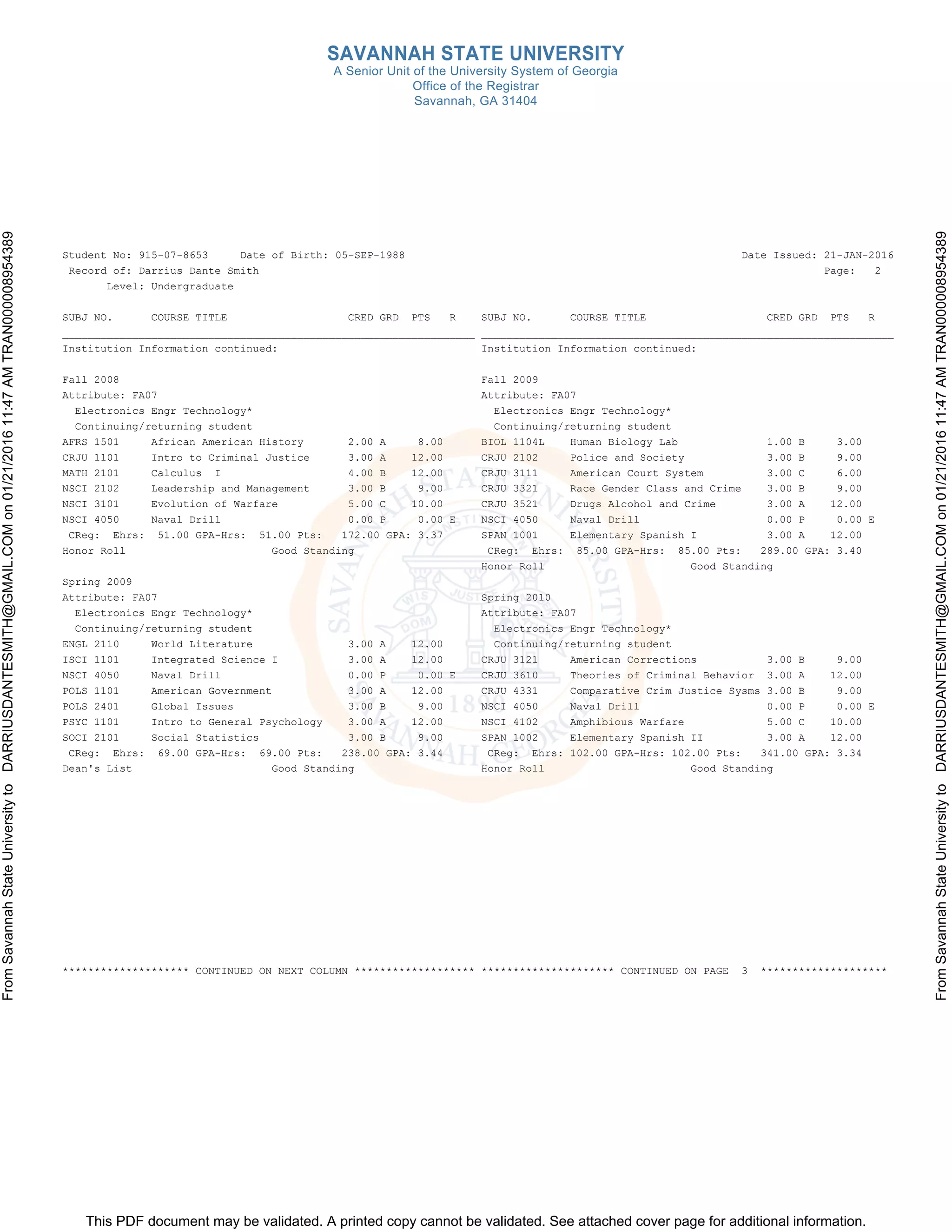 Savannah State University Transcript | PDF