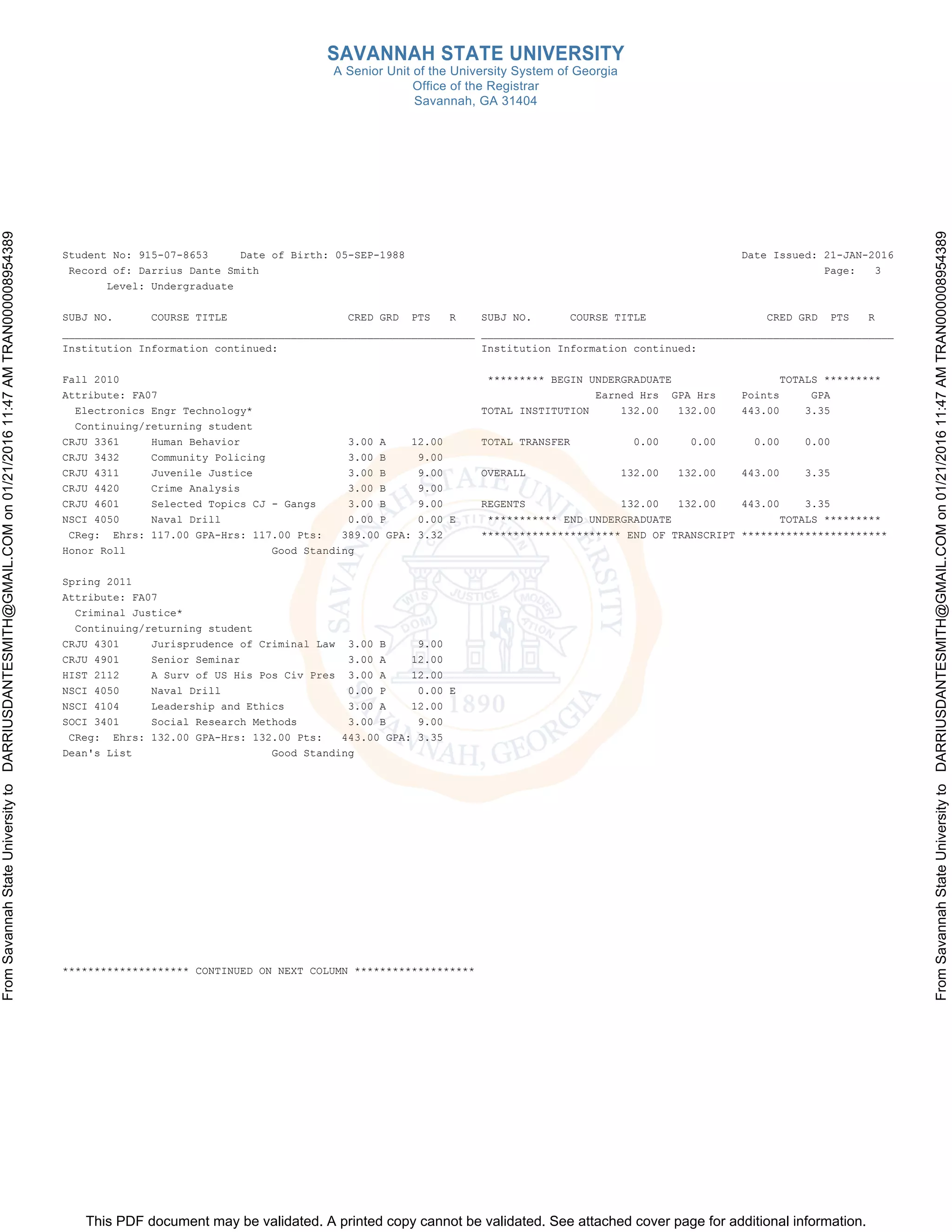 Savannah State University Transcript | PDF