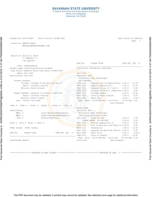 Savannah State University Transcript | PDF