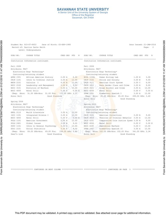 Savannah State University Transcript | PDF