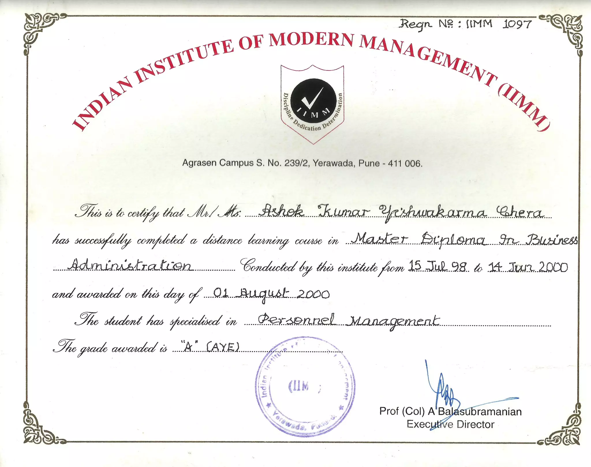 IIMM certificate 2000. | PDF