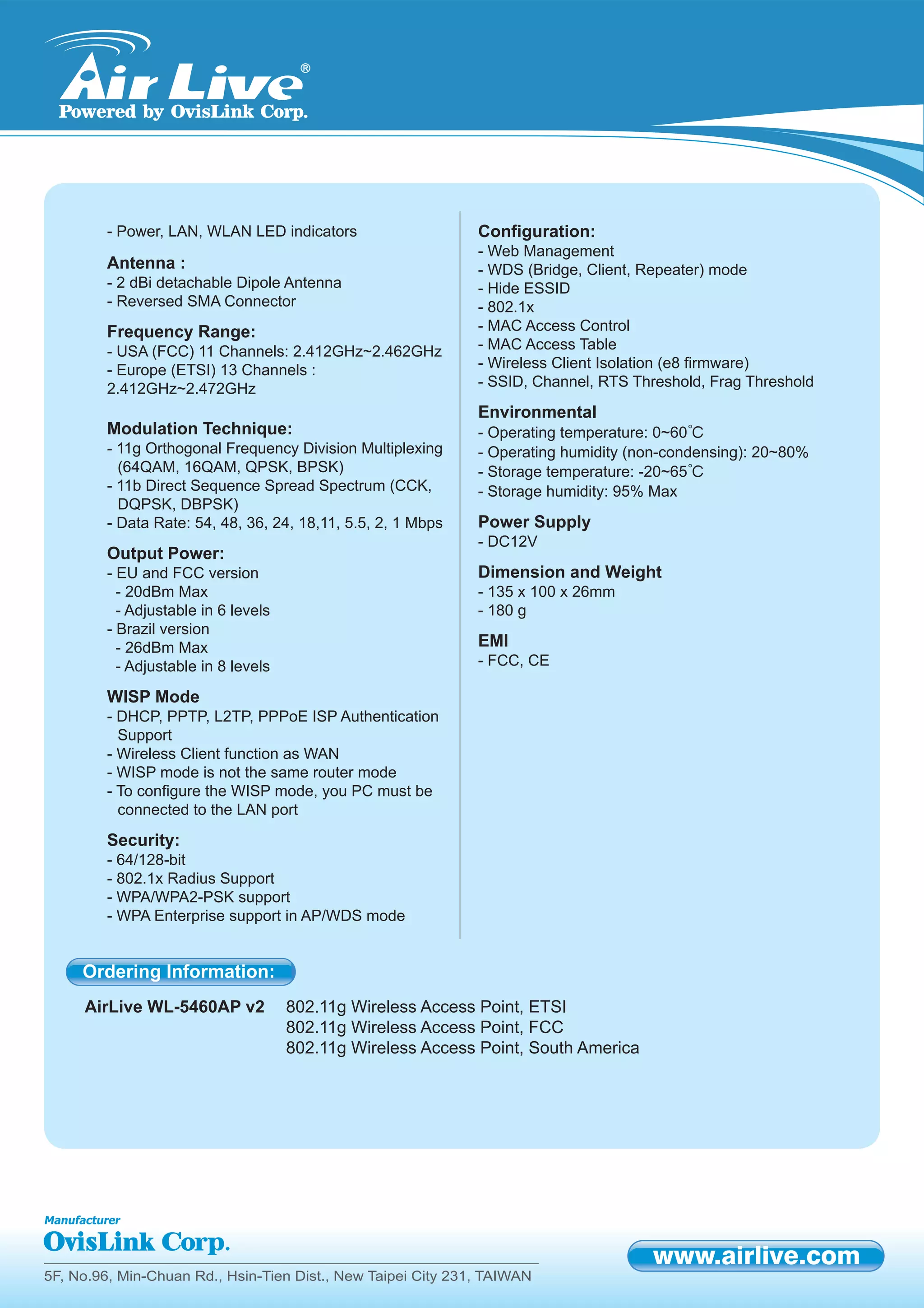 Air live wl-5460ap-v2_specsheet | PDF