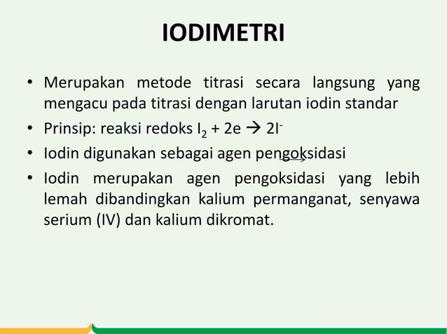 Volumetri Redoks, Iodometri, Iodimetri, reduksi Oksidasi, titrasi | PPSX