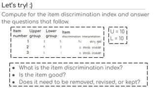 tryout test, item analysis (difficulty, discrimination)