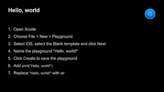 Introduction to swift and playgrounds | PPTX | Programming Languages | Computing