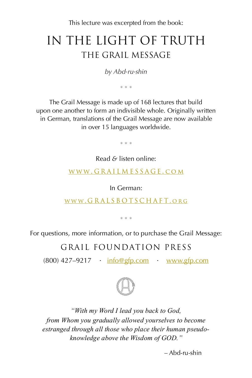 The Grail Message - Volume 1, Lecture 10 - Childlikeness