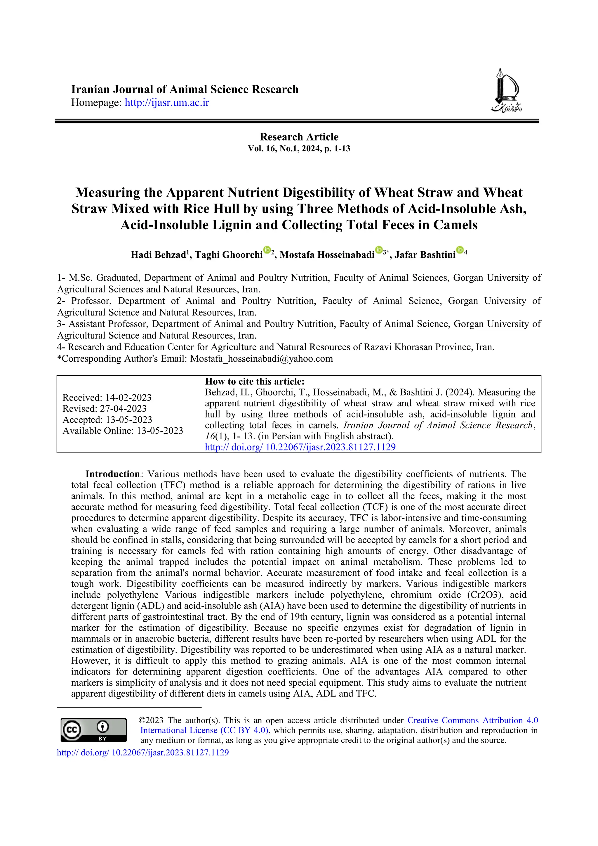 Measuring the Apparent Nutrient Digestibility of Wheat Straw and Wheat Straw Mixed with Rice ...