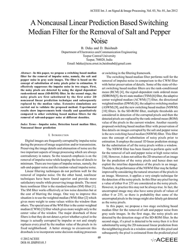 A Noncausal Linear Prediction Based Switching Median Filter For The