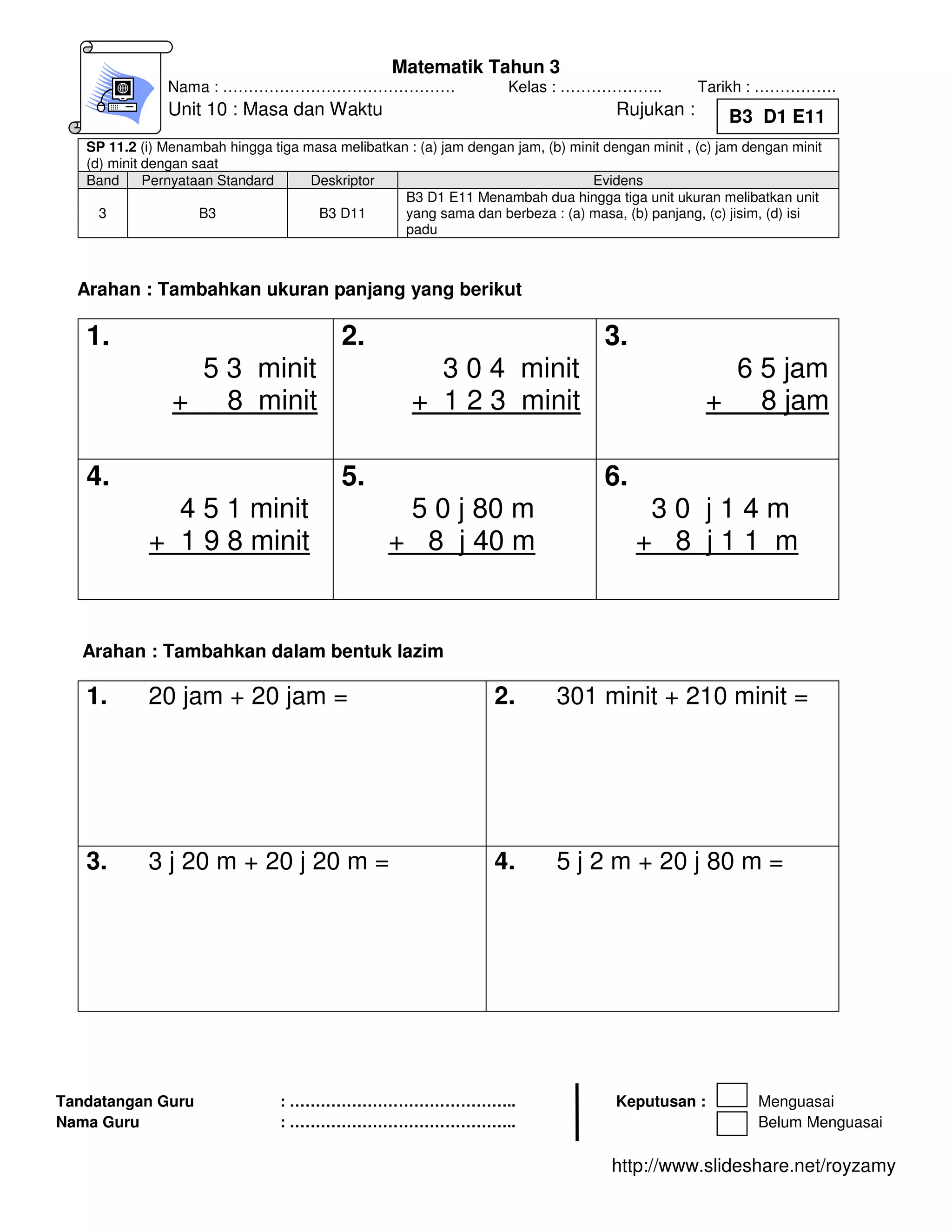 Matematik Tahun 3 Masa dan Waktu Operaasi Tambah B3 D1 E11 | PDF