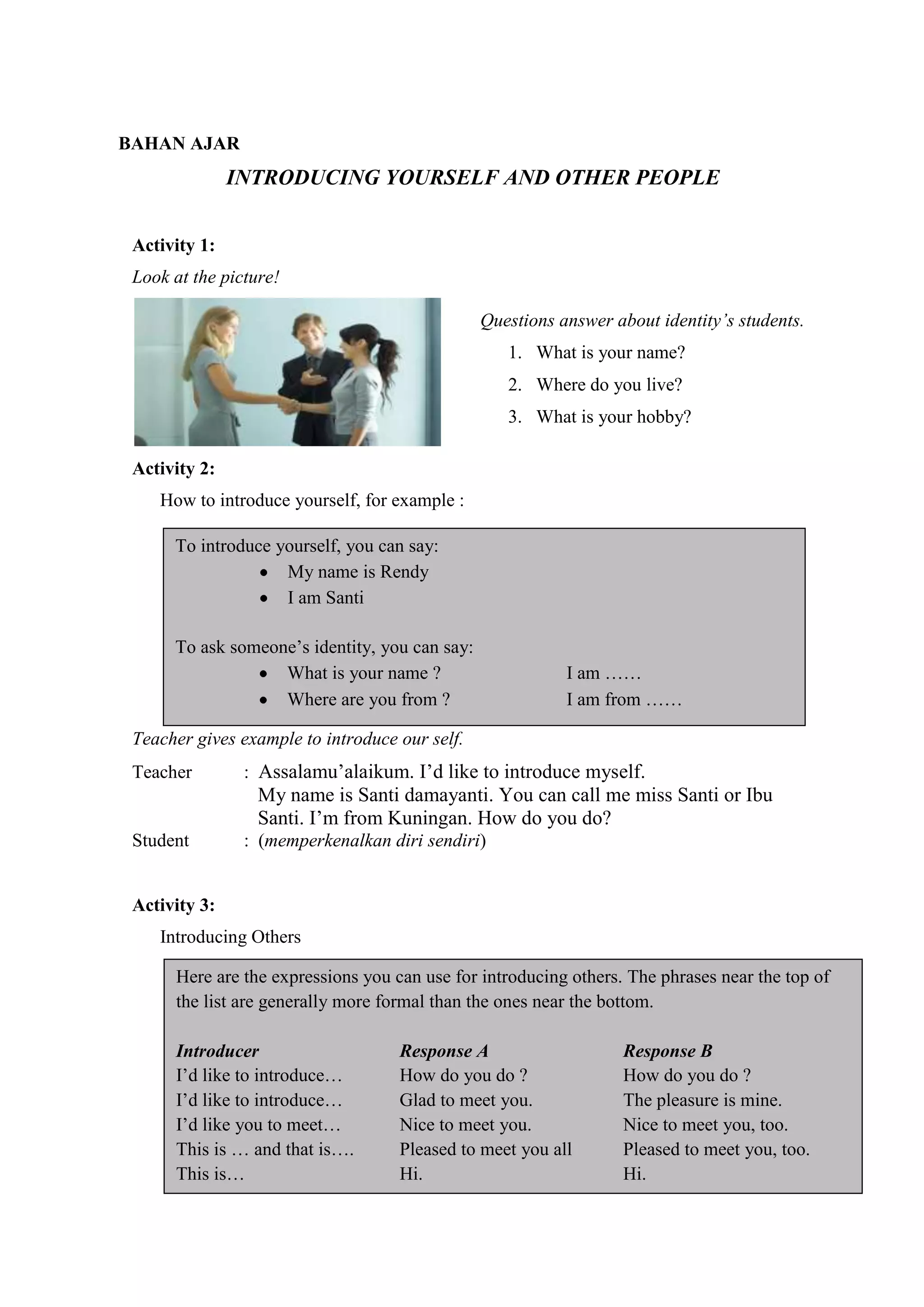 RPP bahasa Inggris SMP (introducing-speaking skill ) | DOCX