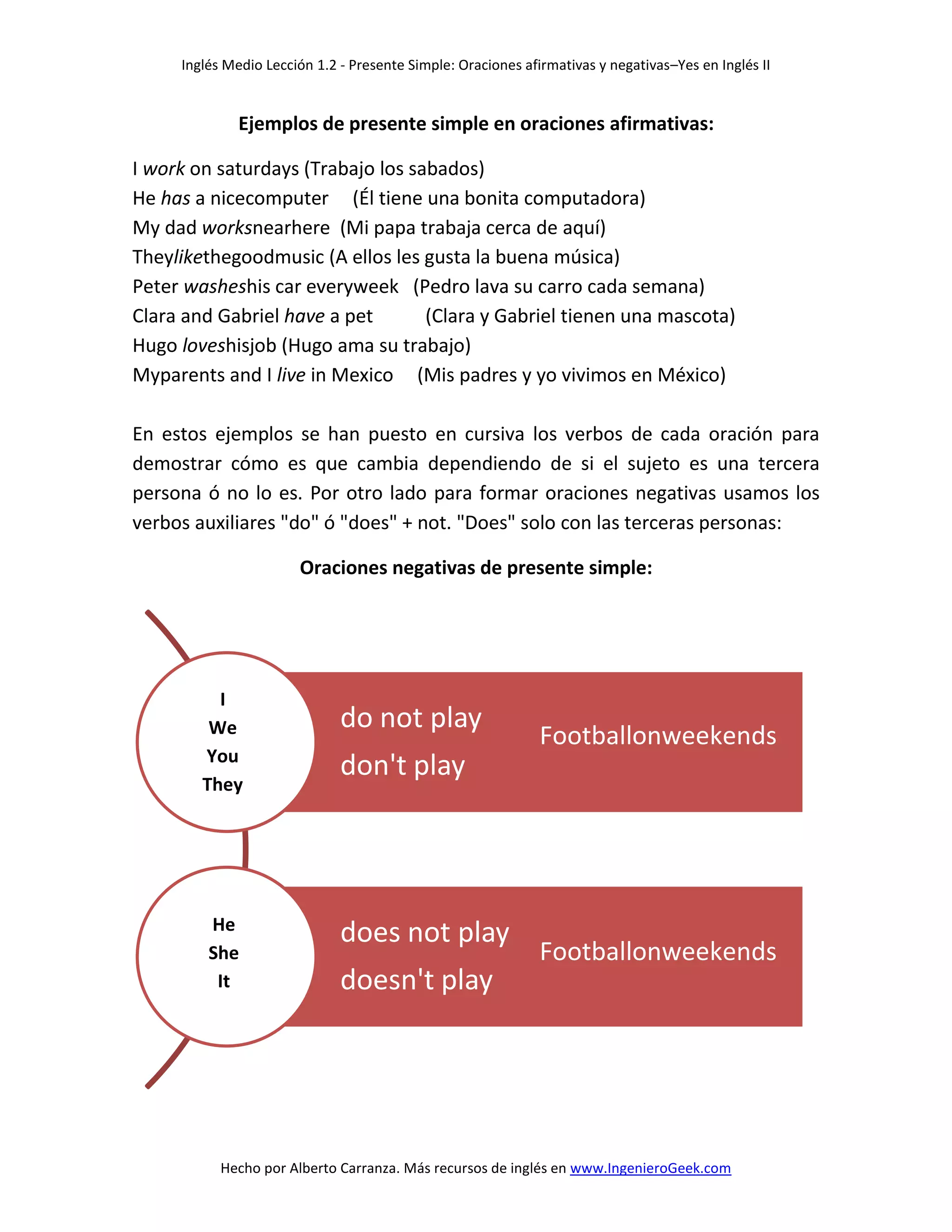 1.2 presente simple - oraciones afirmativas y negativas | DOCX