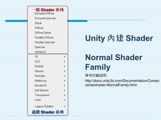 Unity Shader教學: 初窺Shader 從內建Normal Shader Family認識Unity Shader | PPTX