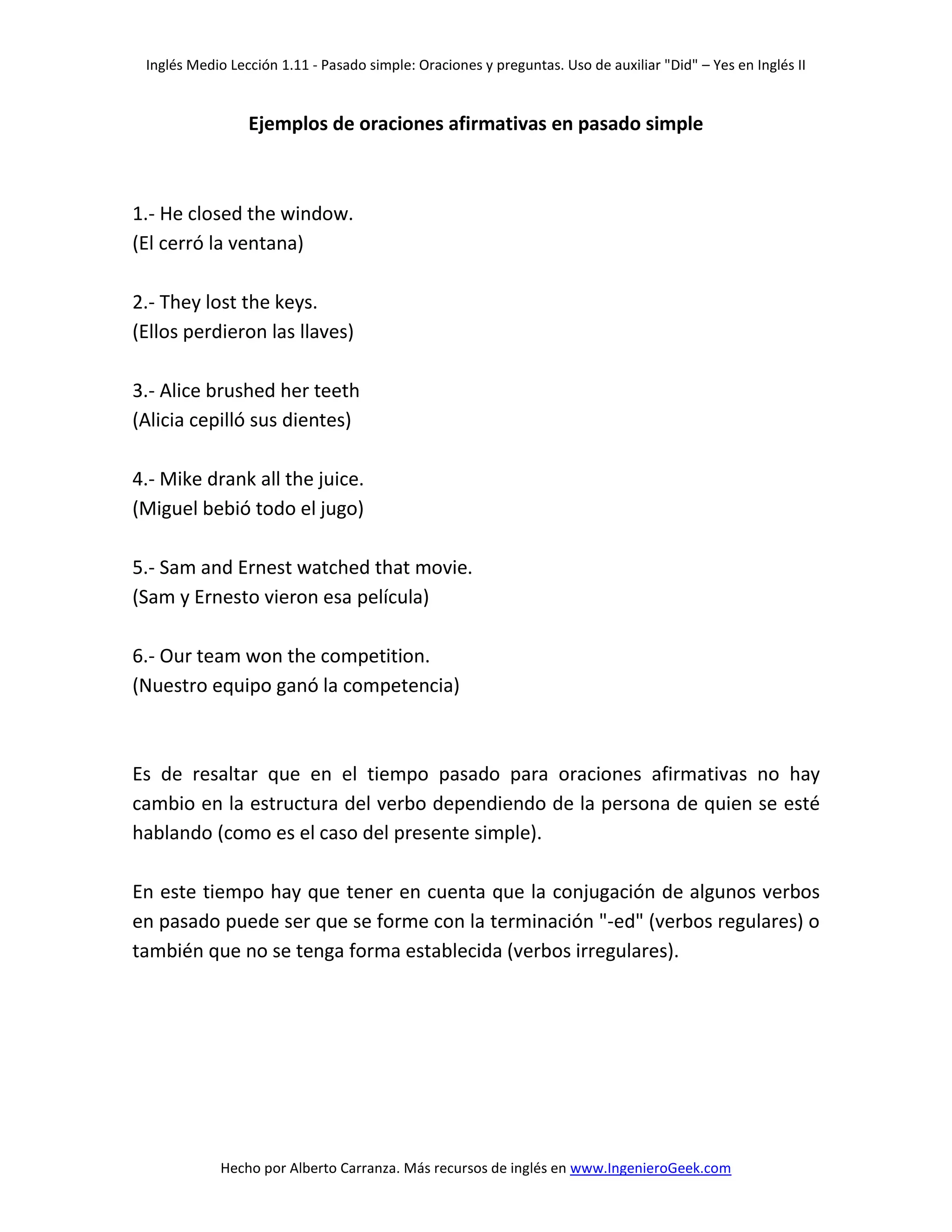 1.11 pasado simple oraciones y preguntas. uso de auxiliar did | PDF