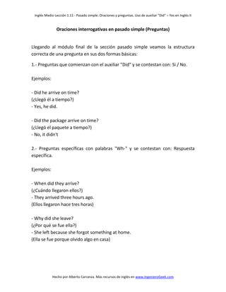1.11 pasado simple oraciones y preguntas. uso de auxiliar did | PDF