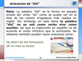 1.11 pasado simple oraciones y preguntas. uso de auxiliar did | PPTX