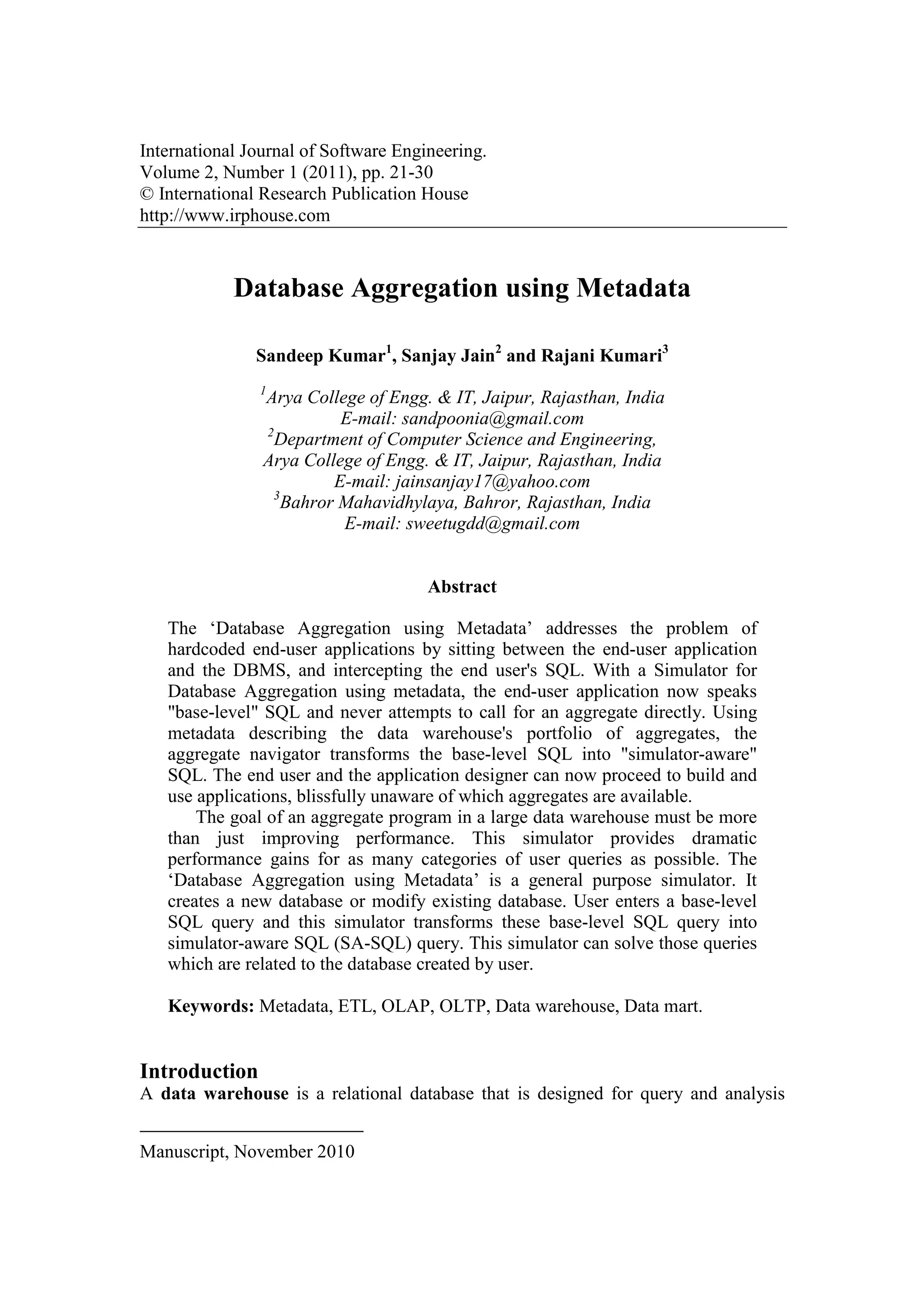 Database Aggregation Using Metadata Pdf
