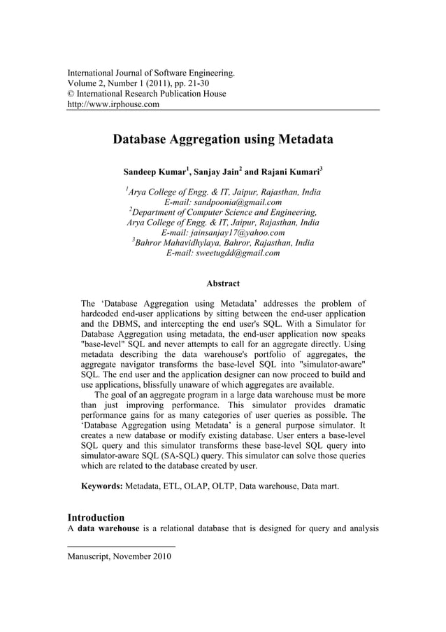 Database aggregation using metadata | PDF