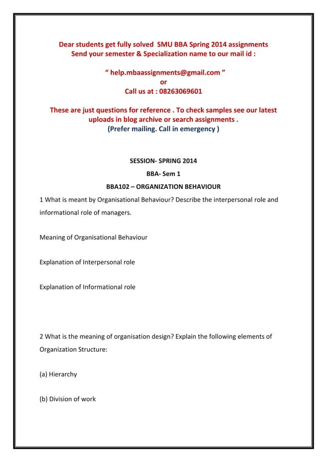 SMU BBA SPRING 2014 SOLVED ASSIGNMENTS SEM-1 | DOCX | Educational Assessment | Education