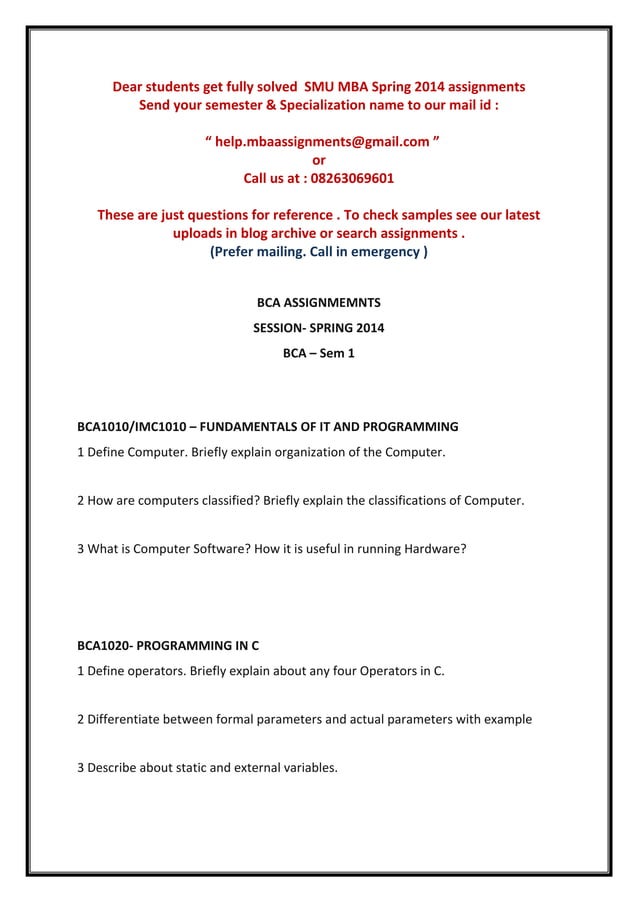 SMU BCA SPRING 2014 SOLVED ASSIGNMENTS SEM-1 | PDF