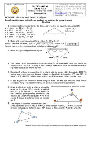 1. teoremas de seno y del coseno trigonométricas ejercicios | PDF