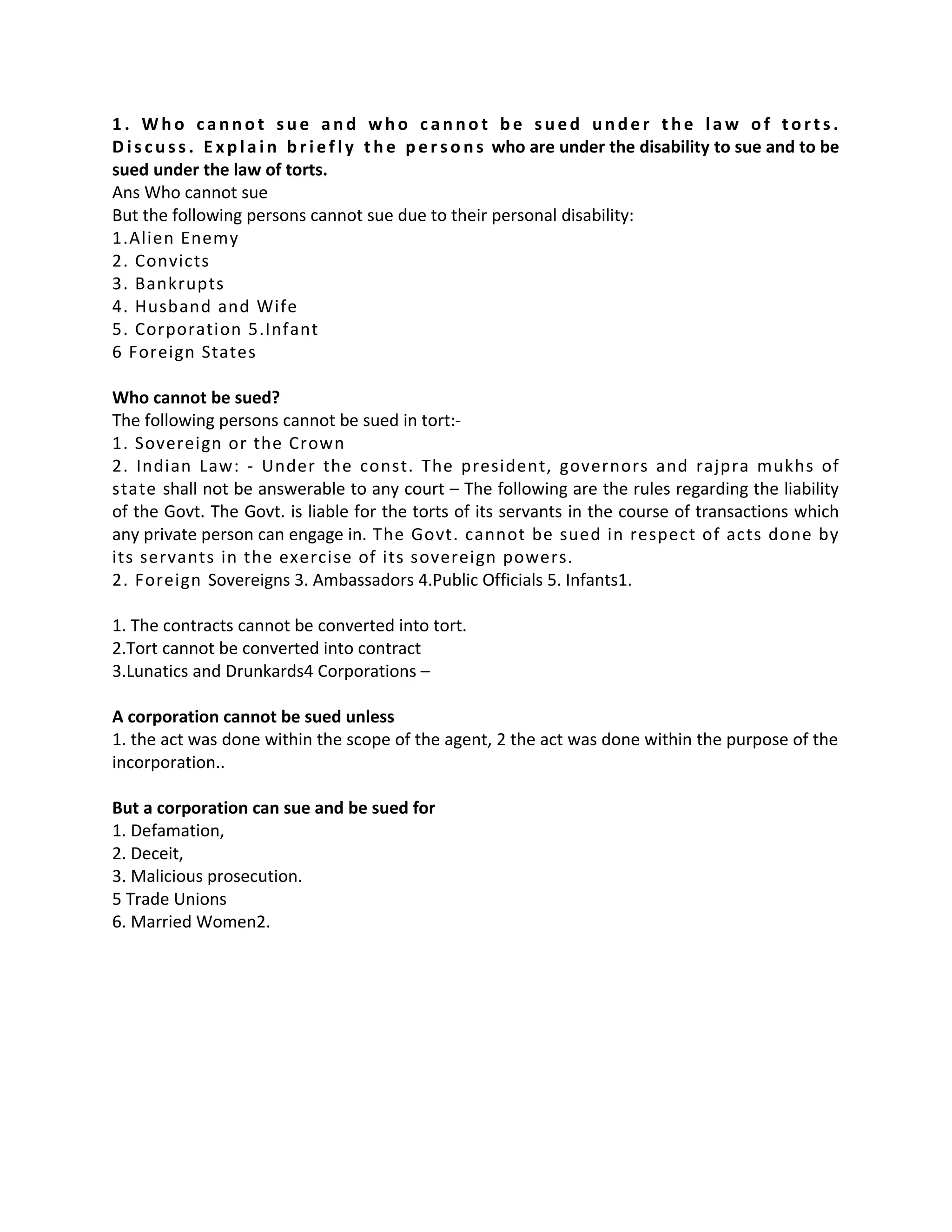 Who cannot sue and who cannot be sued under the law of torts | DOC