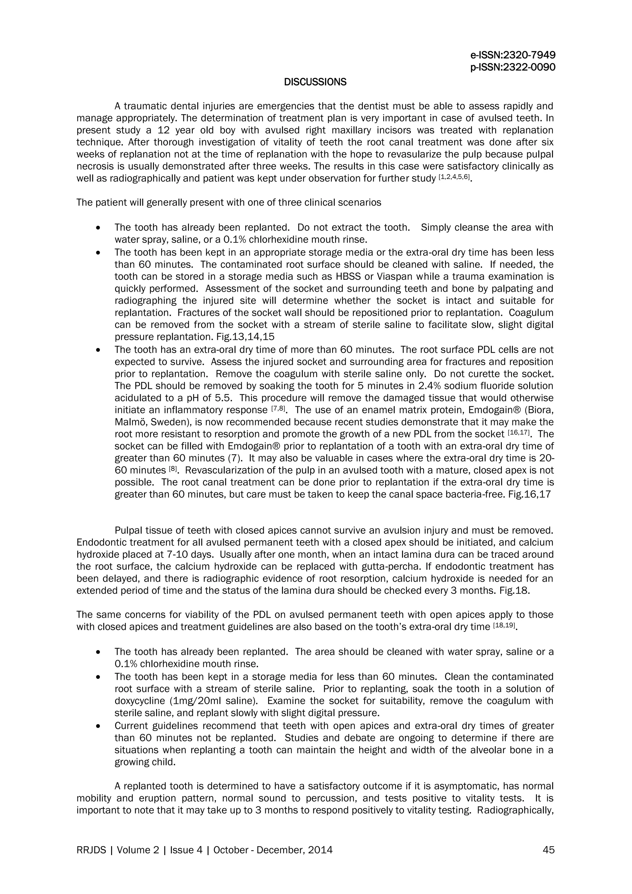 Replantation of Avulsed Permanent Anterior Teeth: A Case Report. | PDF