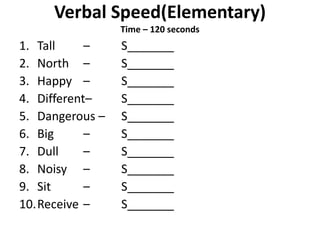 Verbal Speed English Quiz - English Language, Vocabulary and Grammar | PPTX