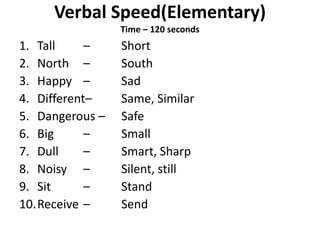 Verbal Speed English Quiz - English Language, Vocabulary and Grammar | PPT