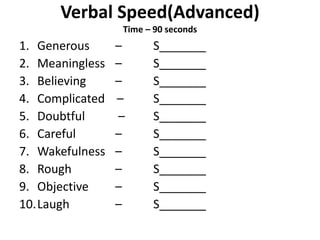 Verbal Speed English Quiz - English Language, Vocabulary and Grammar | PPT