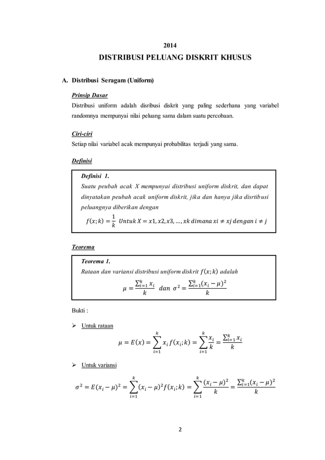 Distribusi Seragam, Bernoulli, dan Binomial | DOCX