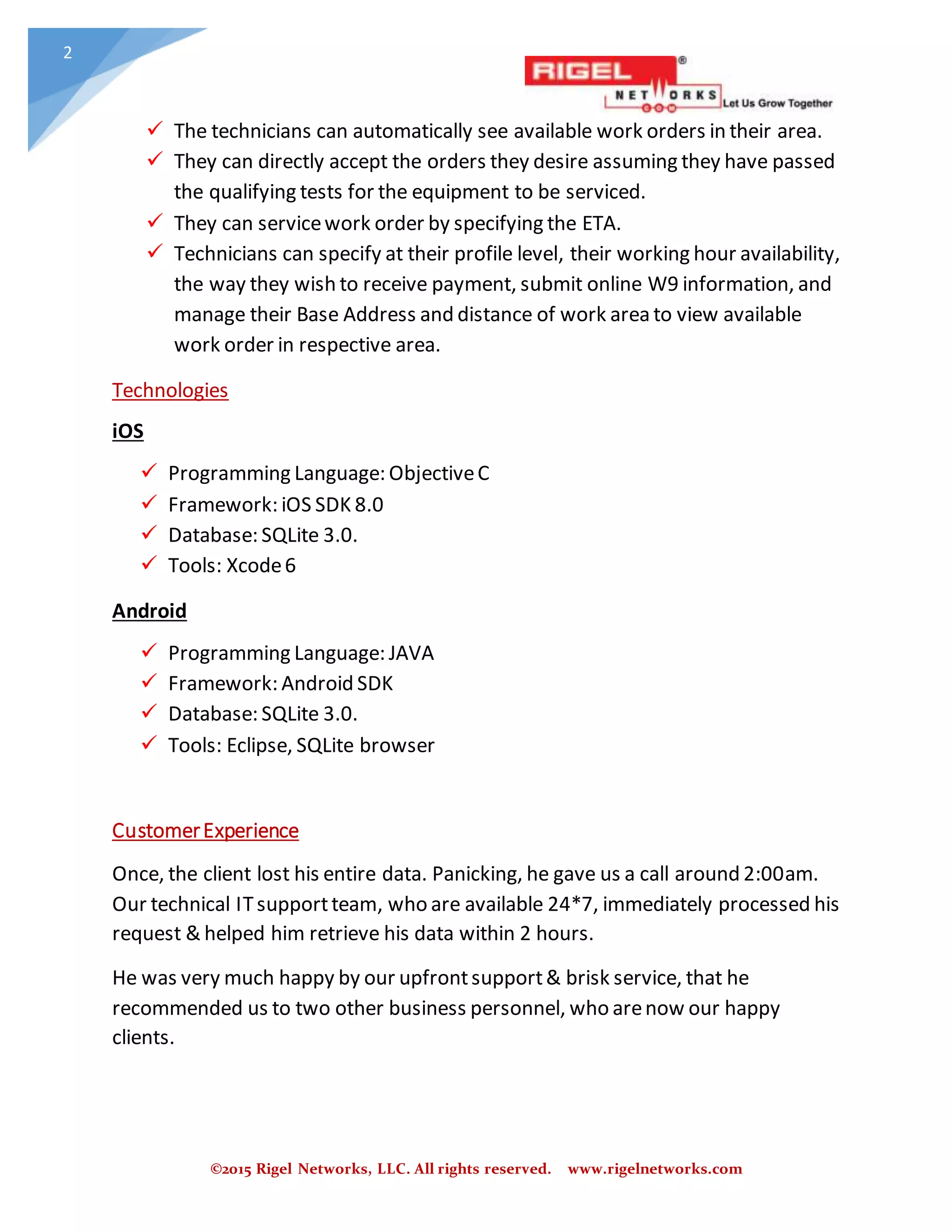 A Case Study on Technician Management Application By Rigel Networks | PDF