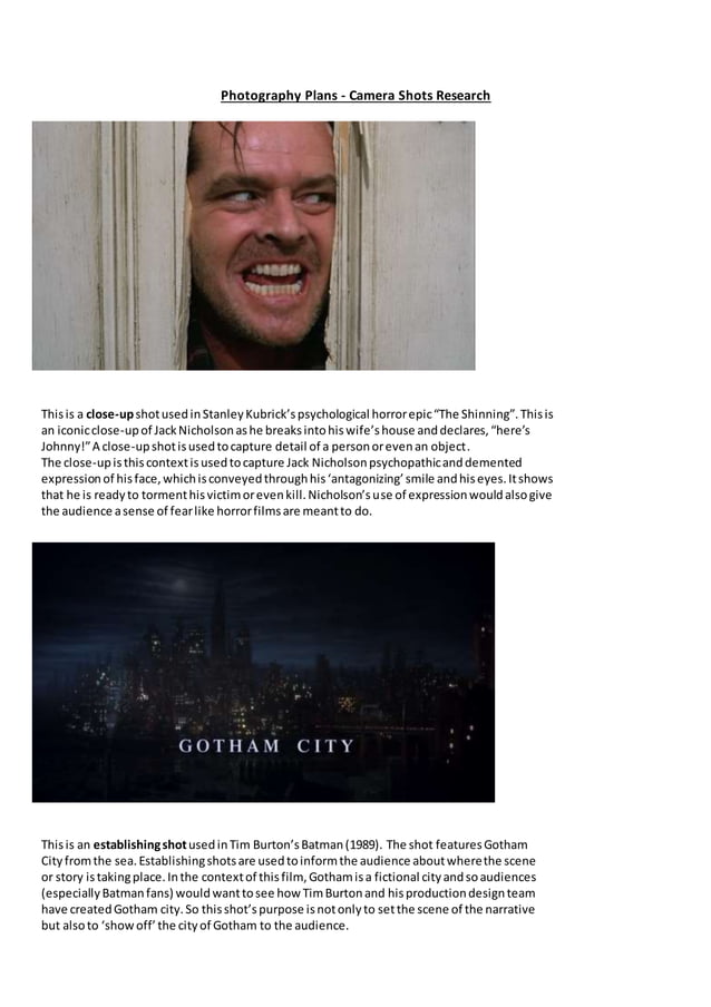 Photography Plans - Camera Shots Research | DOCX | Photography | Arts ...